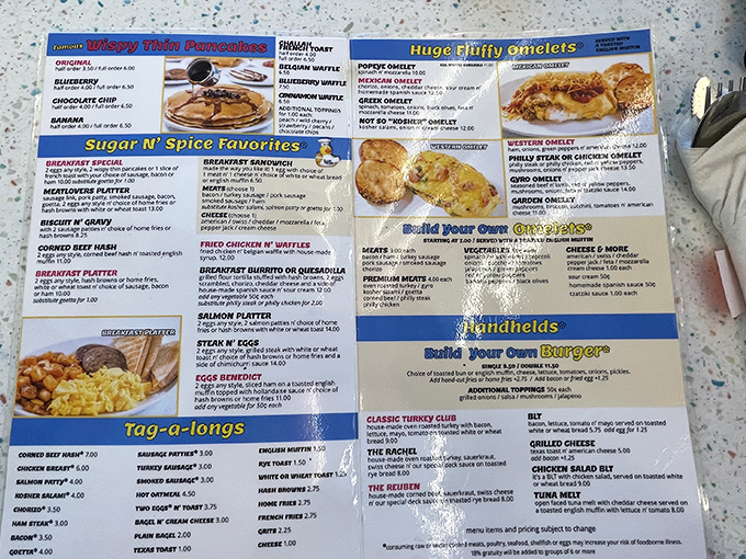 The menu reads like a love letter to morning indulgence. "Huge Fluffy Omelets" isn't marketing hyperbole&mdash;it's a solemn breakfast oath.