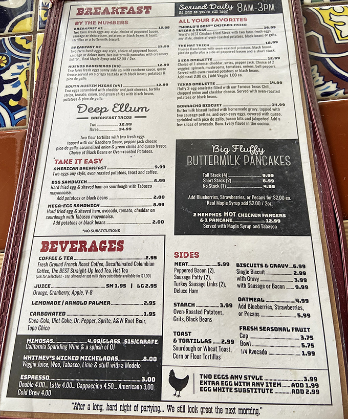 The menu that launched a thousand road trips &ndash; breakfast served all day because some decisions shouldn't be rushed by arbitrary time constraints.