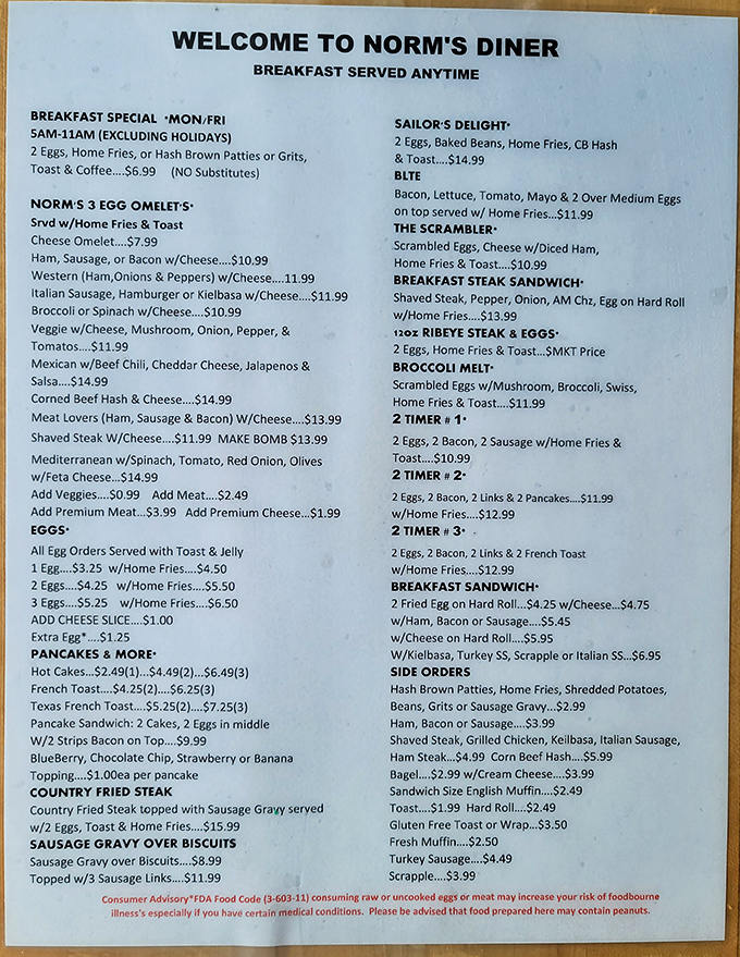 The menu at Norm's reads like a love letter to breakfast, with "Sailor's Delight" nodding to Groton's naval heritage and home fries making frequent, glorious appearances.