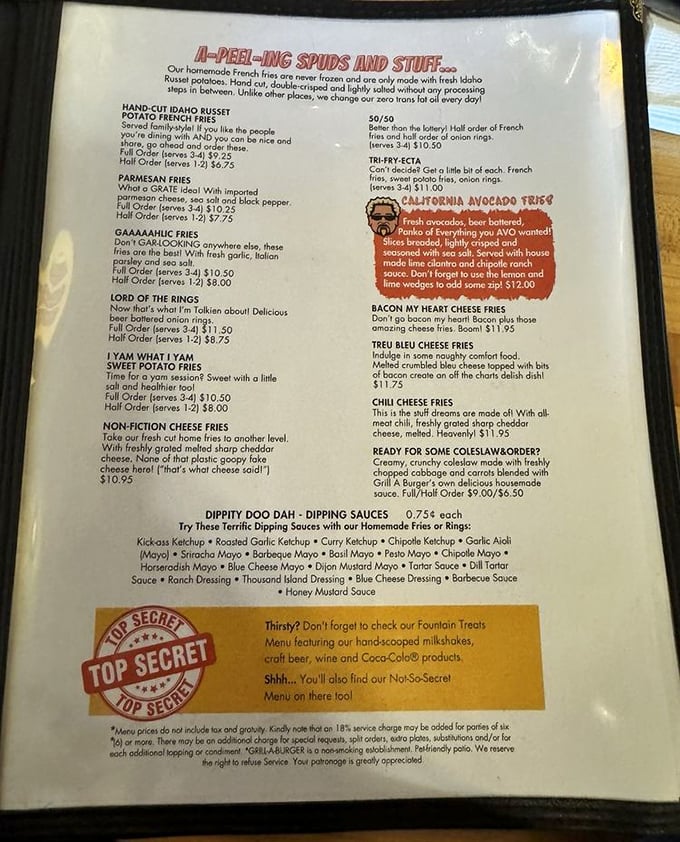 A menu that reads like poetry for the hungry. Those "Non-Fiction Cheese Fries" aren't messing around with processed imposters.