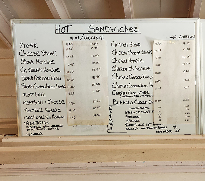 The handwritten menu board tells you everything you need to know&mdash;this place doesn't waste time on fancy descriptions when they could be making more sandwiches instead.
