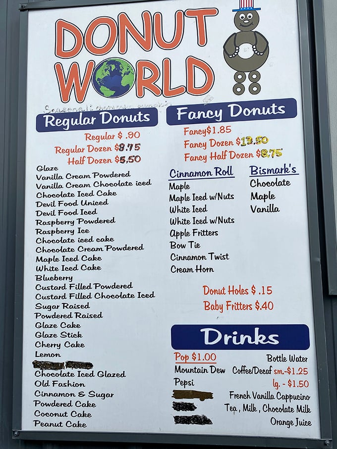 The menu board at Donut World reads like poetry to pastry lovers—a sweet manifesto of possibilities that makes decision-making deliciously difficult.