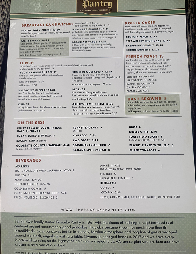 The menu reads like a breakfast lover's dream journal, with everything from classic pancakes to creative breakfast sandwiches and hearty lunch options.