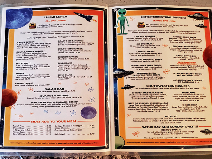 The menu reads like NASA's cafeteria got a southwestern upgrade. Alien fingers and Jupiter burgers? Houston, we have no problem with that!