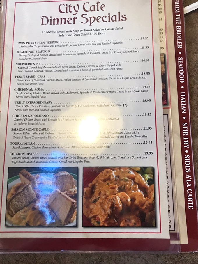 The menu reads like a culinary tour across continents, from Twin Pork Chops Teriyaki to Tour of Milan—ambitious range for a Tennessee diner!