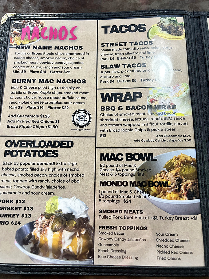 This isn't just a menu&mdash;it's a roadmap to happiness. The "Overloaded Potatoes" and "Mondo Mac Bowl" aren't just meal options, they're life choices.