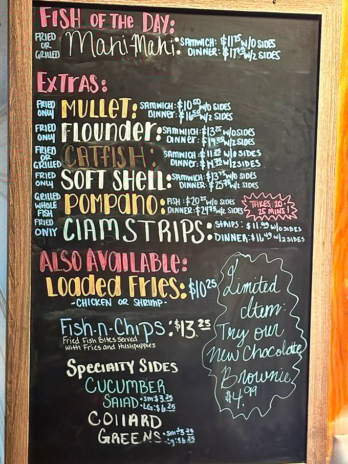 The chalkboard menu &ndash; seafood's version of "what's fresh today" &ndash; showcases local catches from mahi-mahi to mullet, no corporate lamination required.