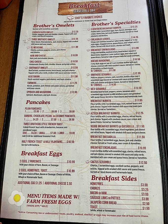 The menu reads like a love letter to breakfast enthusiasts. Notice that French toast hiding in plain sight? That's the star we've been raving about.