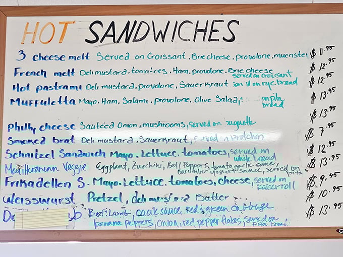 This handwritten menu is like a roadmap to happiness. The "Hot Pastrami" isn't just a sandwich&mdash;it's a commitment to joy.