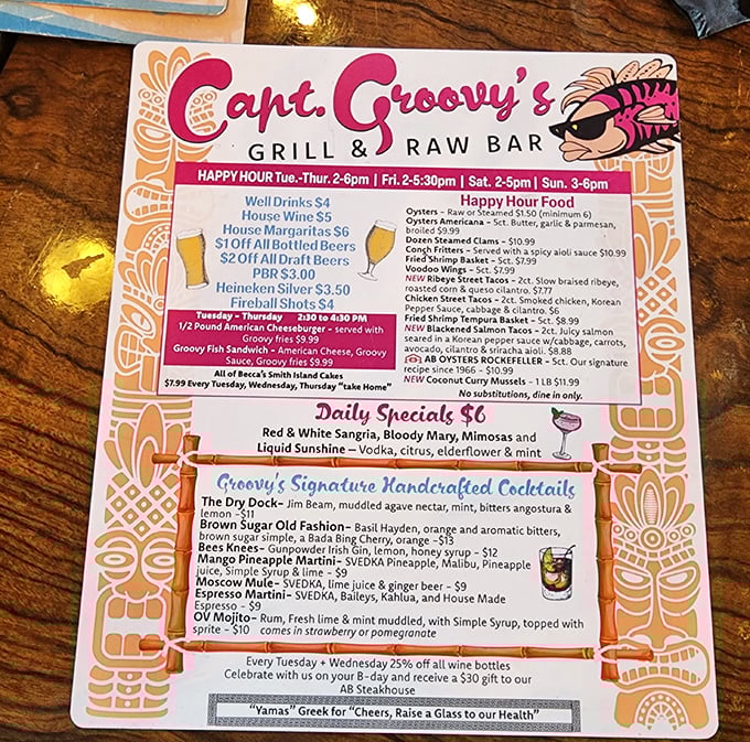 This menu isn't just a list&mdash;it's a treasure map to seafood nirvana. The cocktail section alone deserves its own zip code!