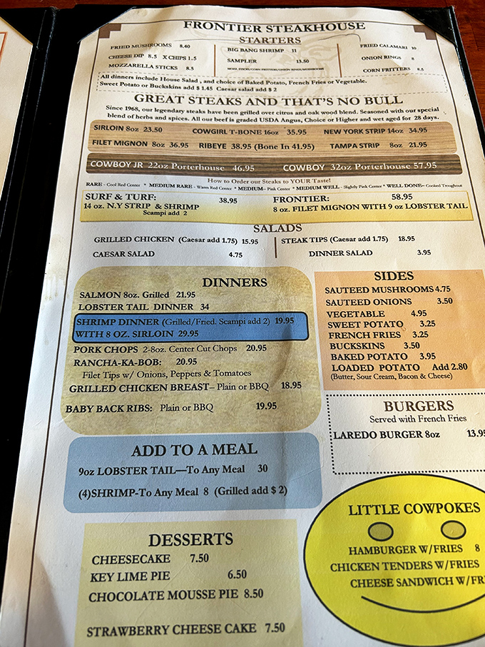 A menu that gets straight to the point: "GREAT STEAKS AND THAT'S NO BULL." When a restaurant is this confident, you know you're in for something special.