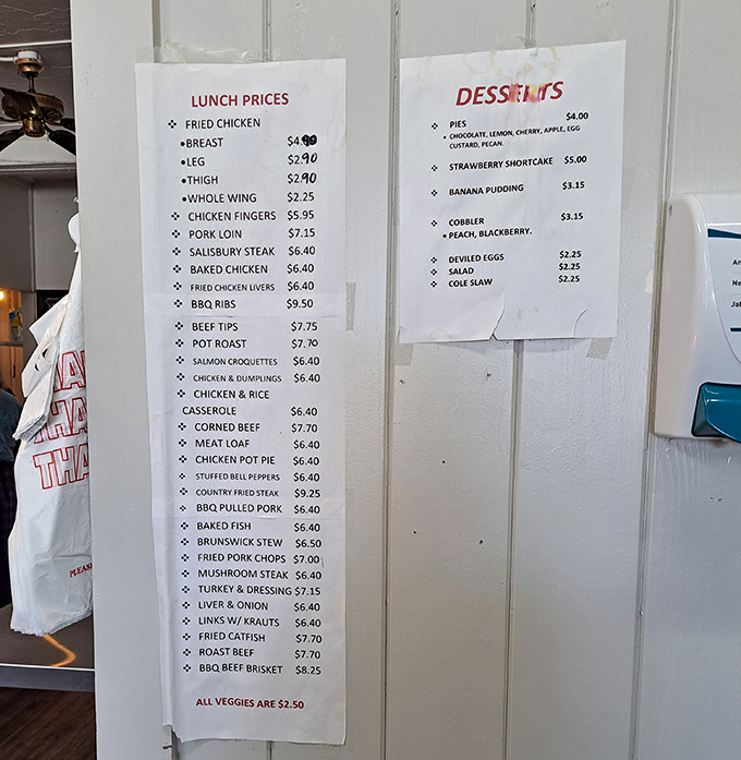 This isn't a fancy menu with flowery descriptions—just straightforward Southern classics that speak for themselves. The meatloaf is calling!