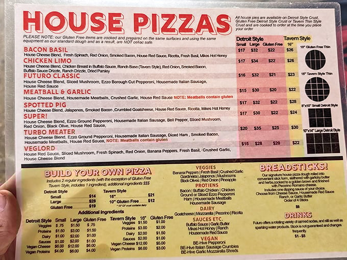 The menu reads like a love letter to pizza possibilities &ndash; from Detroit-style to tavern thin, each option more tempting than the last.