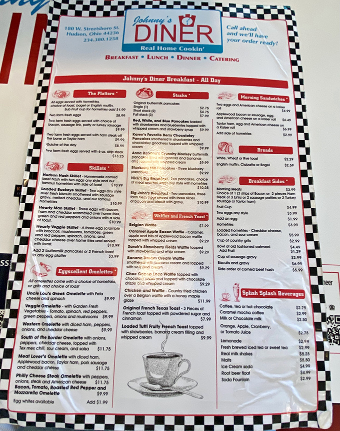 This menu isn't just a list of food &ndash; it's a roadmap to happiness with "Eggscellent Omelettes" and pancakes that deserve their own zip code.