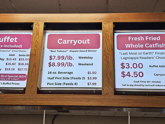 That menu board might as well say "Abandon diets, all ye who enter here." The catfish alone has earned its "Last Meal on Earth" finalist status.
