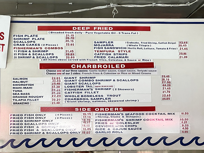 The menu board reads like a love letter to the ocean &ndash; straightforward offerings with no pretense, just the promise of seafood done right.