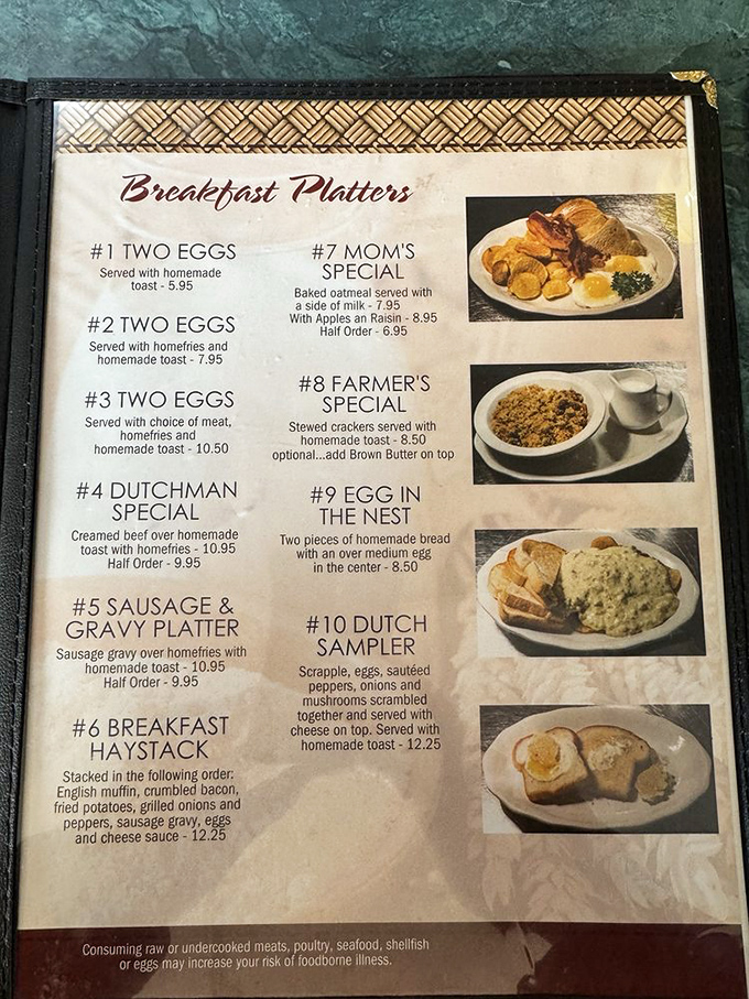 This breakfast menu reads like a love letter to morning hunger &ndash; the Breakfast Haystack alone could fuel a day of Amish barn-raising.