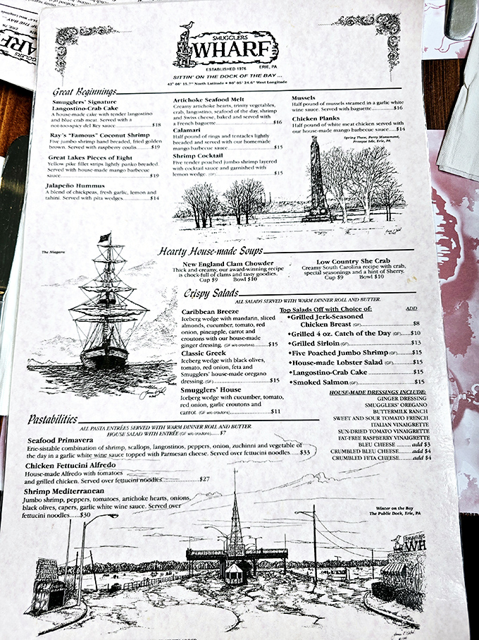 A menu that reads like a love letter to seafood enthusiasts, with illustrations that might have you planning your next sailing adventure.