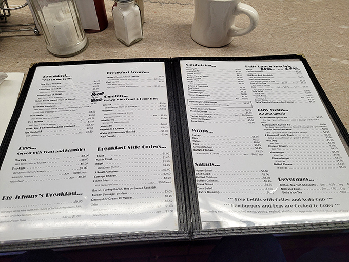 A menu that doesn't need fancy fonts or flowery descriptions – just straightforward diner classics executed with the precision that turns first-timers into regulars.