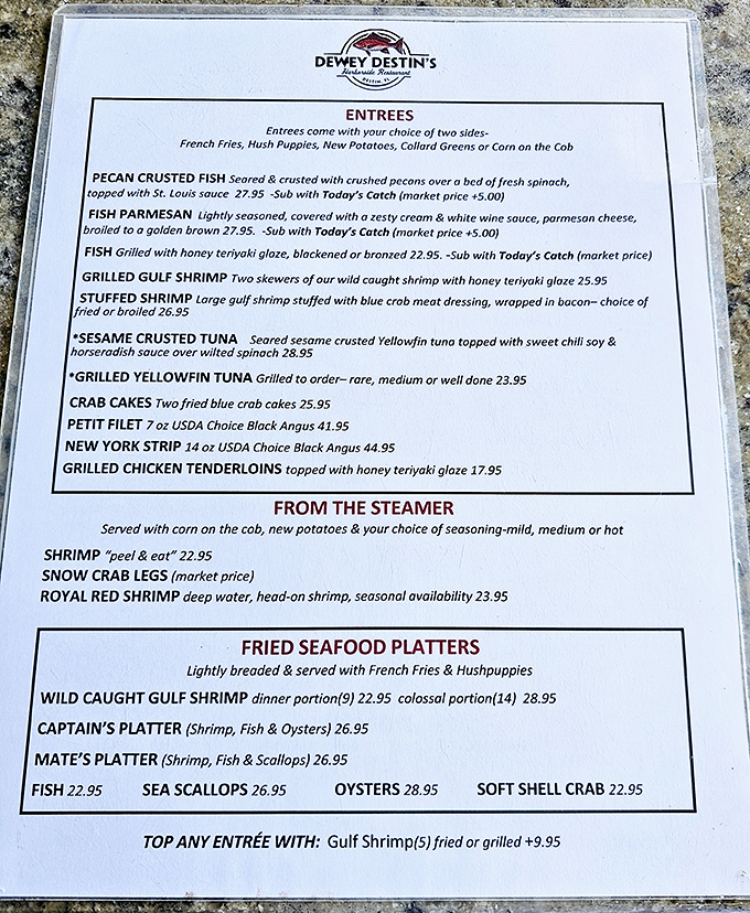 This menu isn't just a list of dishes—it's a love letter to the Gulf. From pecan-crusted catches to royal red shrimp, each option showcases the ocean's bounty.