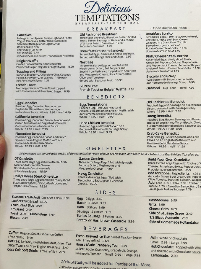 The menu reads like a love letter to breakfast classics, each with thoughtful touches that elevate them from ordinary to extraordinary.