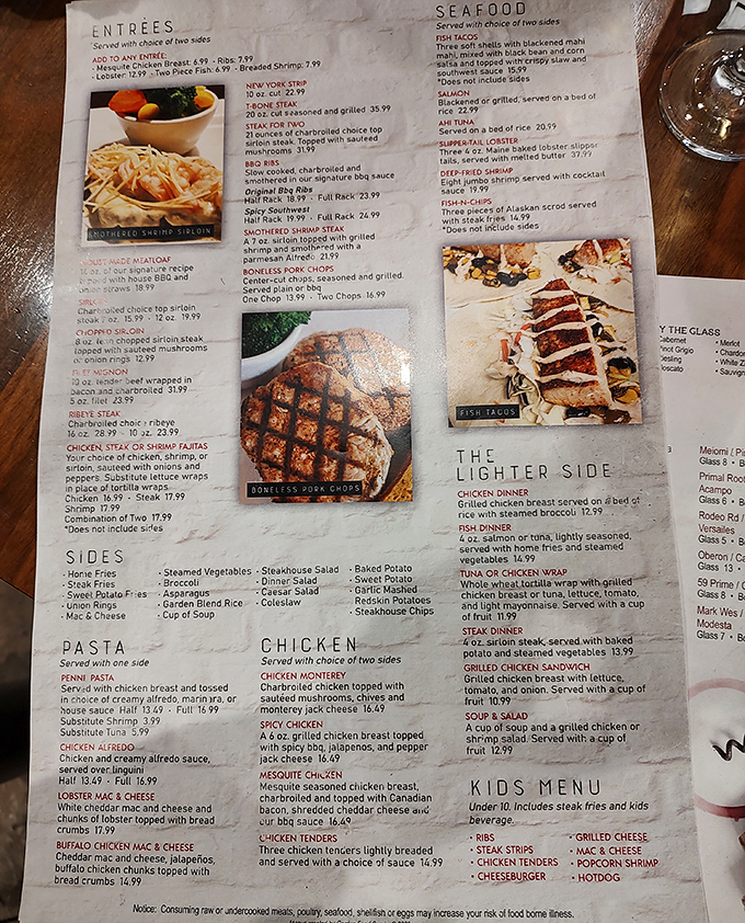 A menu that reads like a love letter to carnivores, with enough seafood and pasta options to keep everyone at the table smiling.