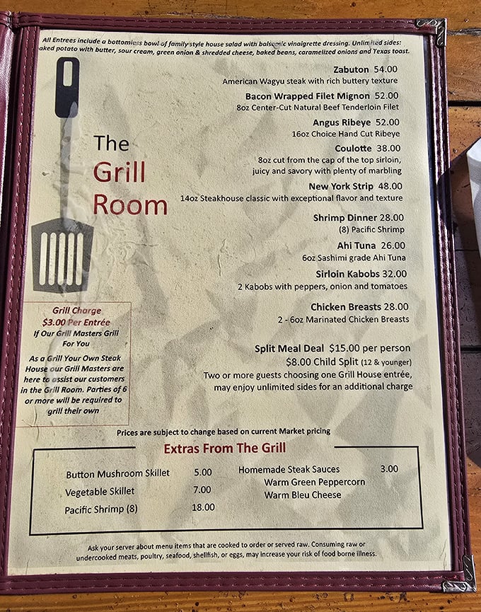 The menu reads like a love letter to carnivores. No molecular gastronomy here—just honest-to-goodness steakhouse classics.