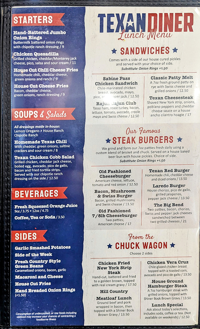 This isn't just a menu&mdash;it's a roadmap to happiness. The "Chuck Wagon" section alone could solve most of life's problems, at least temporarily.