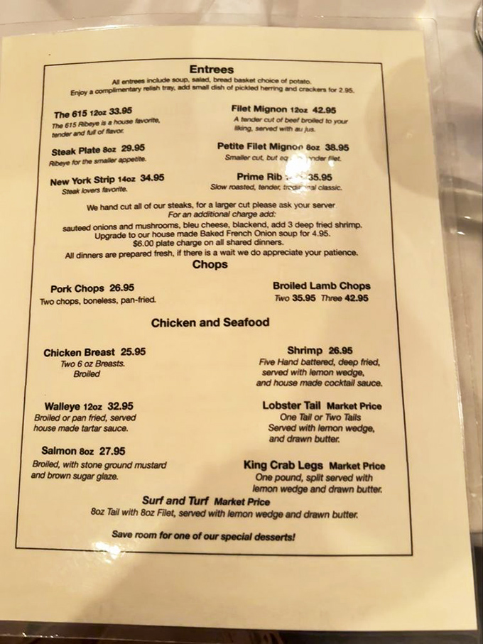 The menu reads like a love letter to Wisconsin supper club traditions—complete with relish trays and pickled herring.