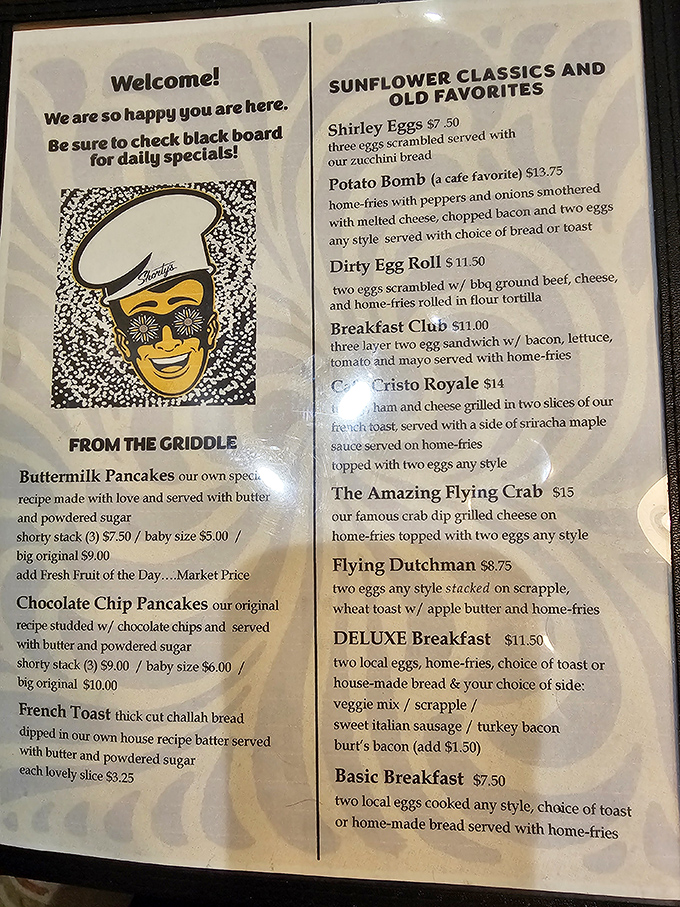 The menu reads like a love letter to breakfast classics, each with a creative twist that makes deciding what to order deliciously difficult.