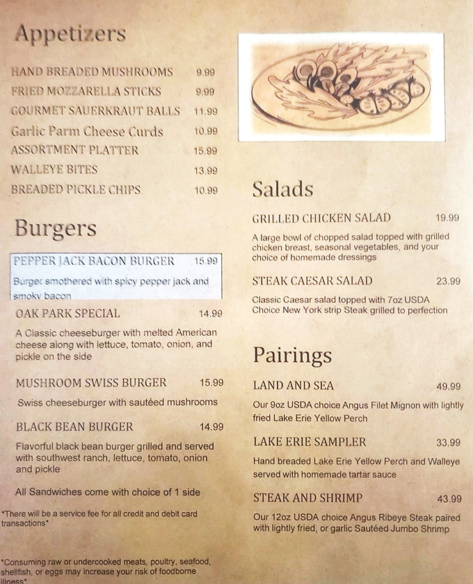 A menu that cuts right to the chase: burgers, steaks, and local Lake Erie catches. No foam, no "deconstructed" anything&mdash;just honest food.