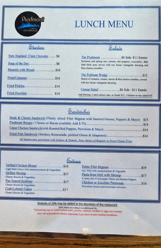 The lunch menu reveals Piedmont's true character: sophisticated comfort food that doesn't need fancy descriptions to make your mouth water.