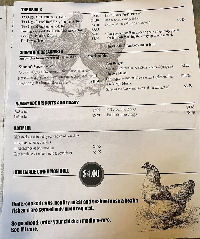 A menu that tells you exactly where you stand—the humor is as rich as the food. That chicken warning alone deserves its own comedy special.