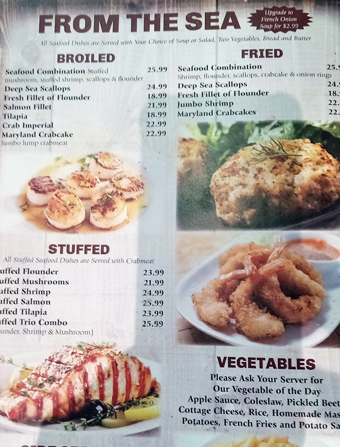 The seafood menu reads like a love letter to the Chesapeake Bay. Those Maryland crabcakes are calling my name!