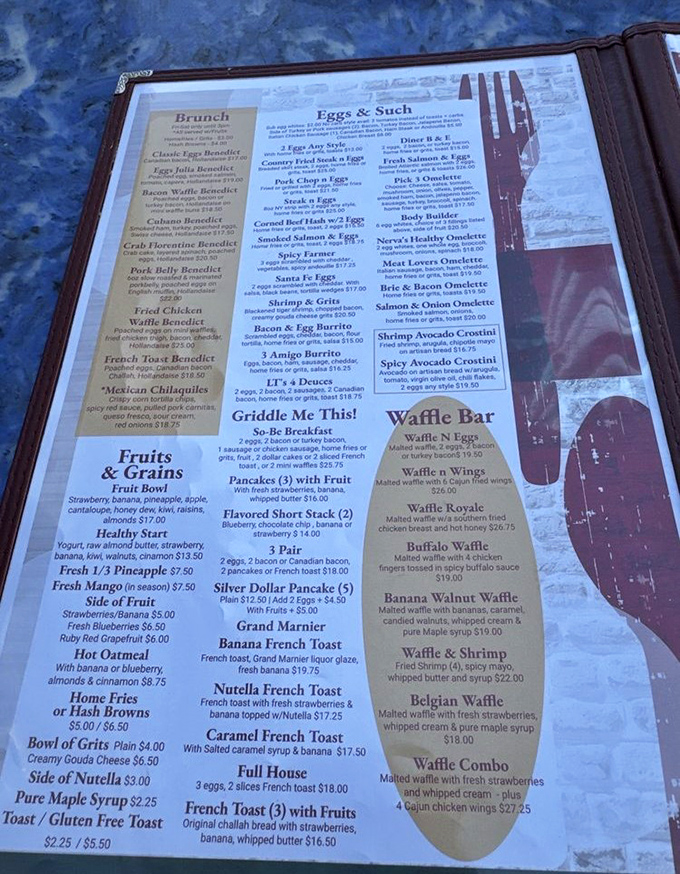 The menu is a novel-length love letter to comfort food, offering everything from all-day breakfast to late-night munchies with a distinctive Florida flair.