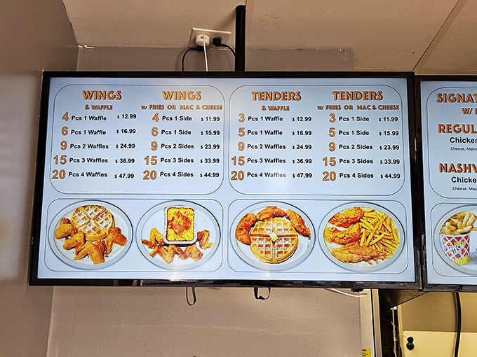 The menu board tells a delicious story&mdash;wings, tenders, and waffles in perfect harmony, like a culinary jazz trio.