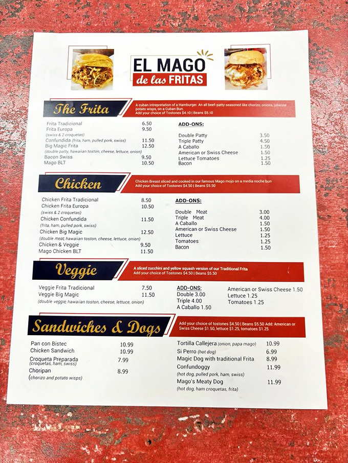 This menu isn't just a list&mdash;it's a roadmap to Cuban-American happiness. The frita section alone could make a cardiologist weep with joy.