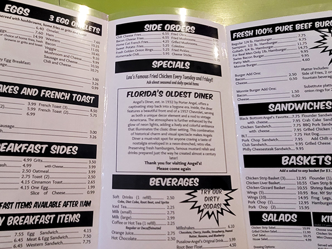 The menu proudly declares "Florida's Oldest Diner" because when you've been perfecting burgers this long, you've earned bragging rights.