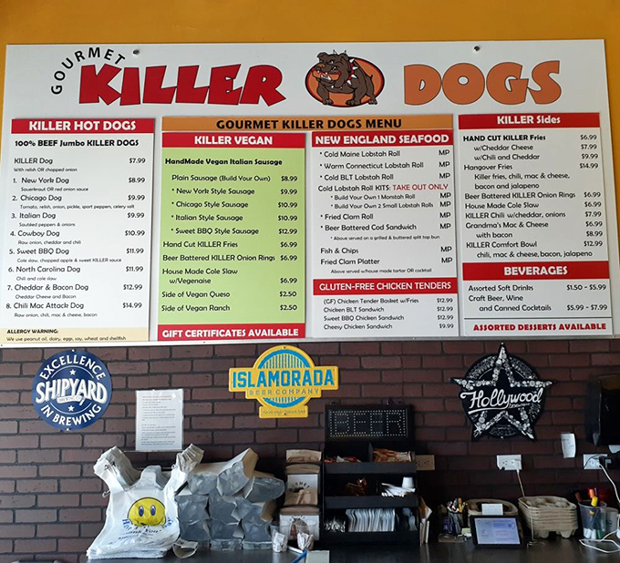 The menu board tells the whole delicious story&mdash;this isn't just a hot dog joint, it's a multi-dimensional flavor experience spanning from New England seafood to vegan delights.