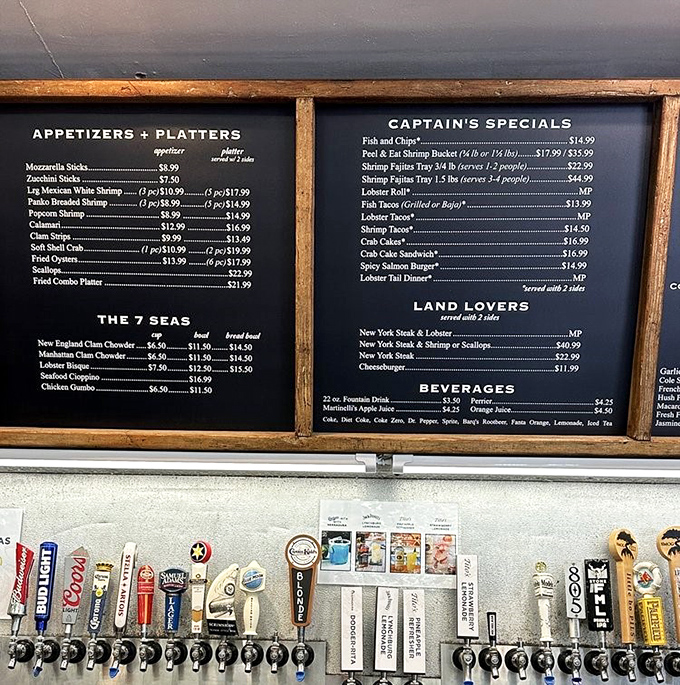 The chalkboard menu reads like a love letter to the ocean – simple, straightforward, and filled with promises of delicious maritime adventures.