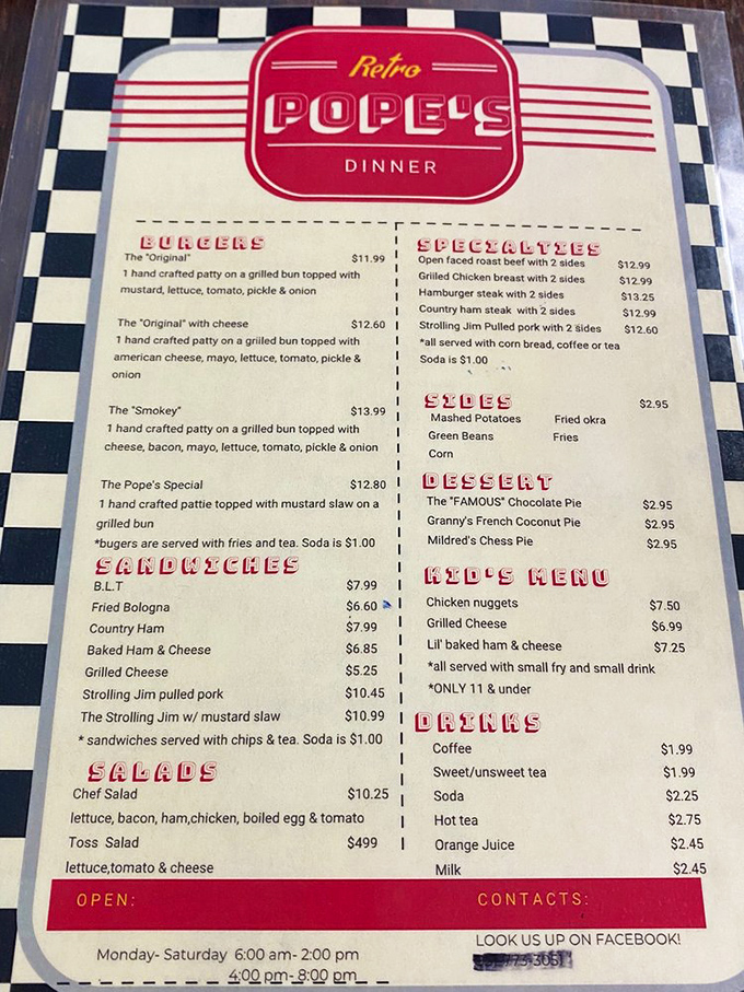 The menu at Pope's reads like a love letter to Southern comfort food, with burgers, country ham, and those famous pies stealing the spotlight.
