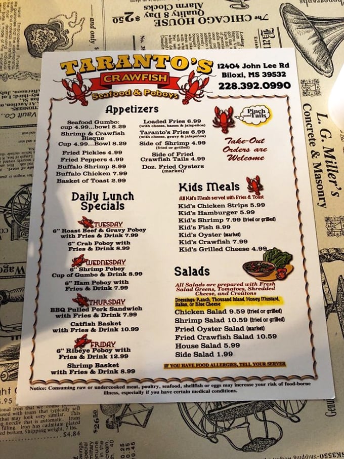 This menu isn't just a list of food &ndash; it's a treasure map to seafood nirvana, with daily specials that'll make you rethink your schedule.