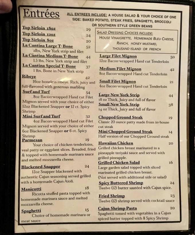 This menu isn't just a list of options &ndash; it's a roadmap to carnivorous bliss with ribeyes and surf-and-turf combinations that'll make your heart skip a beat.