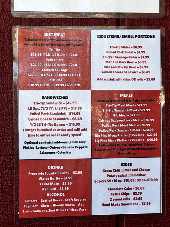 The menu reads like a love letter to meat lovers. No fancy descriptions needed when your reputation speaks volumes.