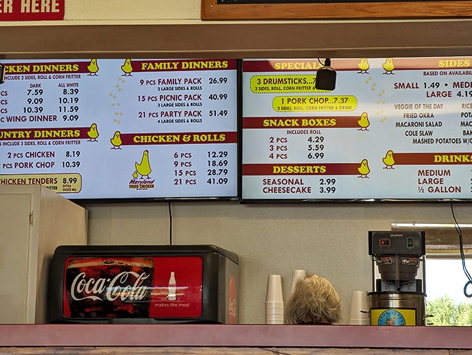 The menu board tells a simple story: chicken is king here, and the royal family includes some mighty fine sides too.