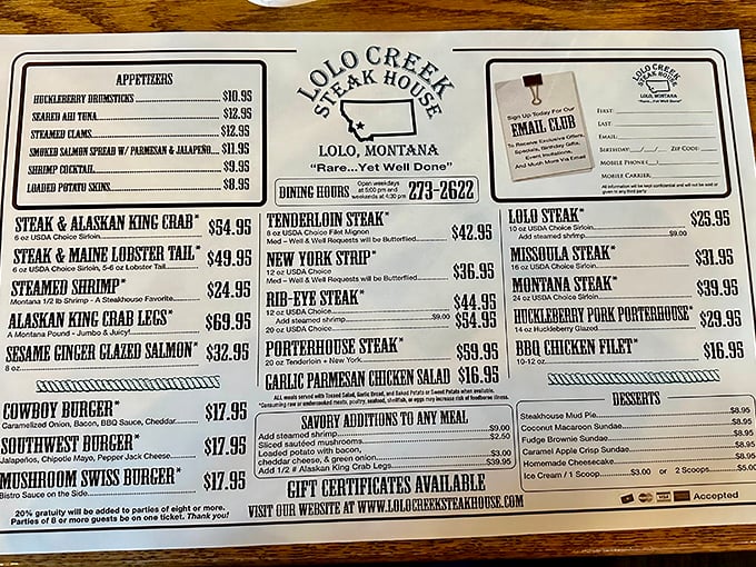 The menu reads like a love letter to meat enthusiasts. "Rare...Yet Well Done" isn't just a slogan, it's a promise.