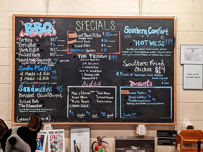 This chalkboard menu isn't just a list&mdash;it's a roadmap to happiness. The "Trough" isn't a suggestion; it's a challenge worth accepting.