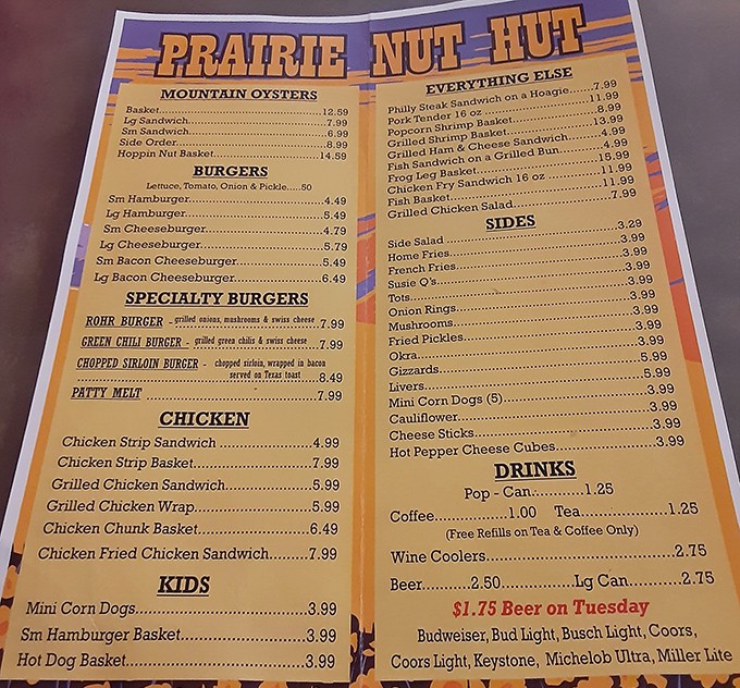 A menu that cuts straight to the chase&mdash;burgers, mountain oysters, and cold beer. No fancy font necessary when the food speaks this loudly.