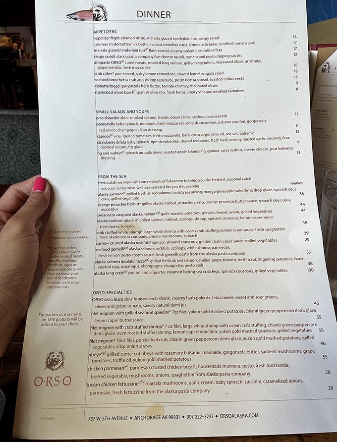 Not just a menu, but a treasure map of Alaskan bounty. Each description reads like poetry for your taste buds.