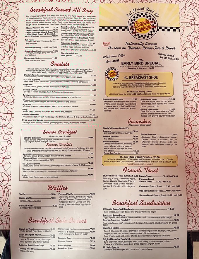 The menu at Charlie Parker's reads like a love letter to comfort food, with the legendary Breakfast Shoe stealing hearts.